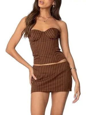 EDIKTED Jennifer Lace Up Pinstripe Corset - Brown