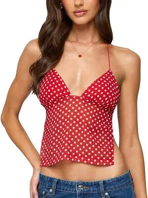 EDIKTED Polka Dot Backless Chiffon Top - Red And White