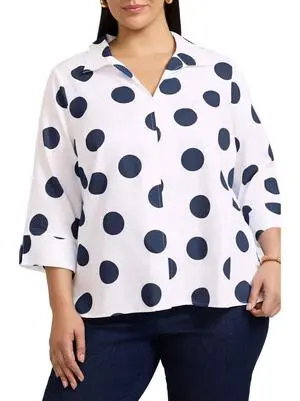 Foxcroft Agnes Polka Dot Popover Top - White/ Navy