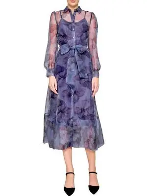 MELLODAY Long Sleeve Chiffon Dress - Navy/ Purple Floral