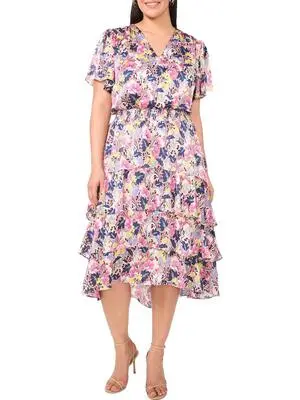 Vince Camuto Floral Flutter Sleeve Tiered Satin Midi Dress - Violet Blush