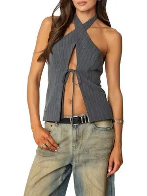 EDIKTED Pinstripe Split Front Halter Top - Gray
