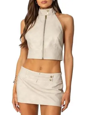 EDIKTED Karly Faux Leather Halter Top - Beige