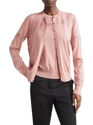 Dolce & Gabbana Dolce&Gabbana Lace Detail Virgin Wool & Cotton Blend Cardigan Rosa Polvere Scuro