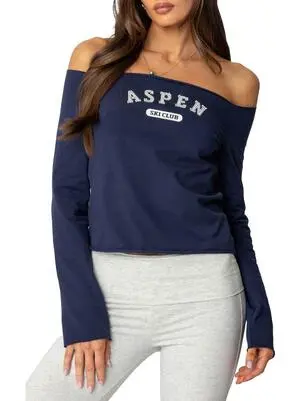 EDIKTED Ski Club Off-the-shoulder Top - Navy