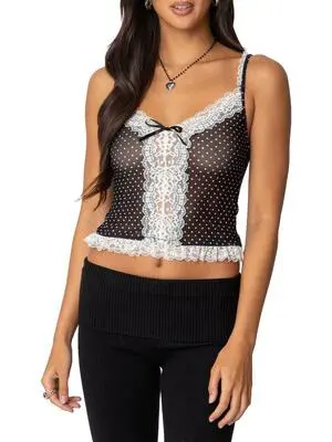 EDIKTED Polka Dot Lace Trim Mesh Camisole - Black-and-white