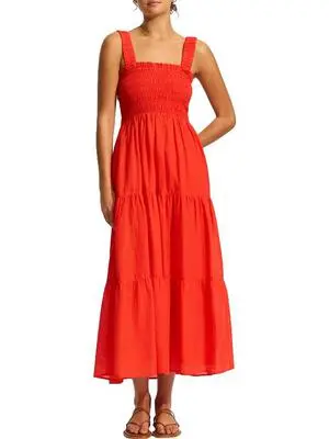 Seafolly Faithful Smocked Tiered Cotton Midi Dress - Flame