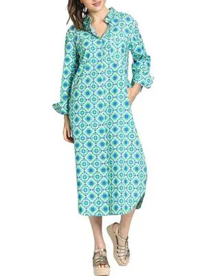 APNY Printed Cotton Shirtdress - Blue Multi