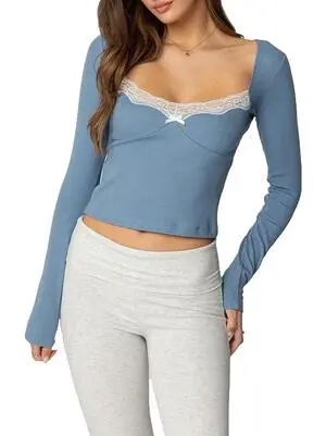 EDIKTED Morgyn Lace Trim Ribbed Crop Top - Blue