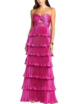 Mac Duggal Pleated Charmeuse Strapless Tiered Ruffle Gown - Fuchsia