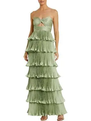 Mac Duggal Pleated Charmeuse Strapless Tiered Ruffle Gown - Sage