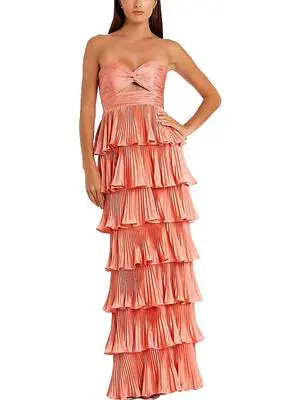 Mac Duggal Pleated Charmeuse Strapless Tiered Ruffle Gown - Terra Cotta
