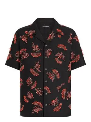 Dolce & Gabbana Short-sleeved Cotton Shirt With Coral Embroidery - Black