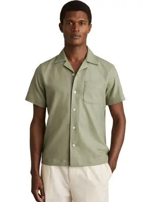 REISS Nitus Herringbone Twill Cuban Collar Short Sleeve Shirt - Sage Green