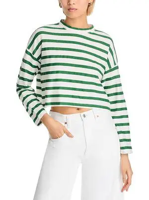 ASKK NY Cropped Long Sleeve Stripe Tee - Green Stripe