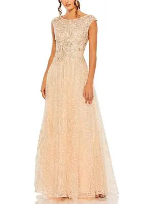 Mac Duggal High Neck Lace Gown - Peach