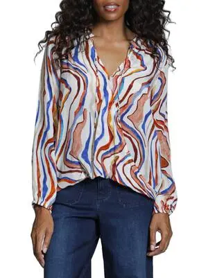 APNY Print Surplice Neck Top - Brown Blue Multi