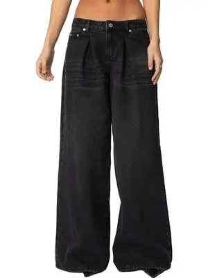 EDIKTED Pleated Low Rise Wide Leg Jeans - Black