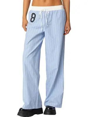 EDIKTED Contrast Waist Stripe Wide Leg Sweatpants - Blue