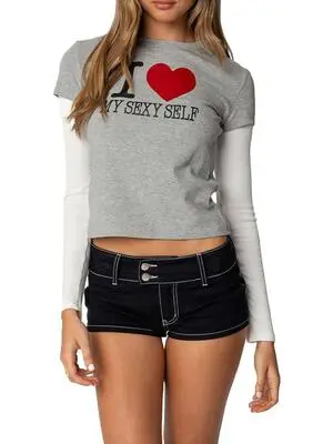 EDIKTED I Heart Me Layered Long Sleeve Graphic T-shirt - Gray-melange