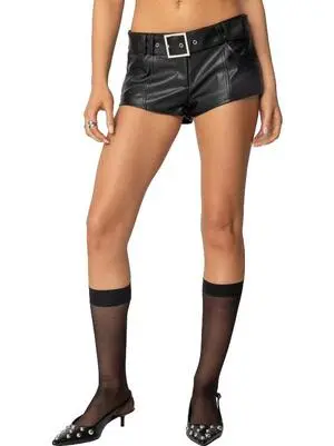 EDIKTED Alba Faux Leather Belted Shorts - Black