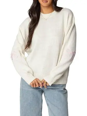 EDIKTED Rutie Bow Appliqué Crewneck Sweater - White