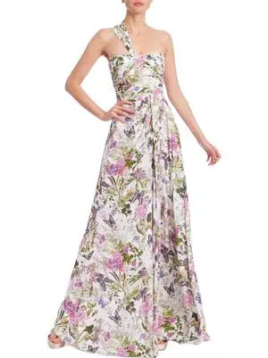 Badgley Mischka Floral One-shoulder Gown - White Multi