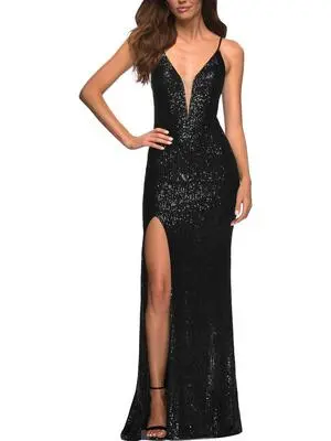 La Femme Sequin Gown With Lace-up Back - Black
