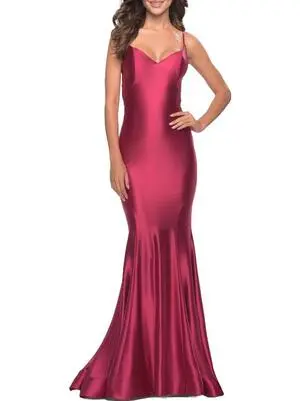 La Femme Liquid Jersey Mermaid Gown With Lace-up Back - Deep Red