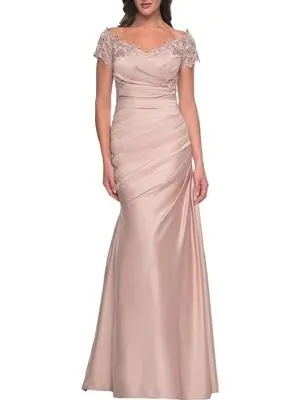 LABOMME Off-the-shoulder Lace-back Mermaid Gown - Champagne