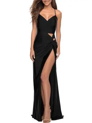La Femme Column Gown With Cut Outs And Slit - Black