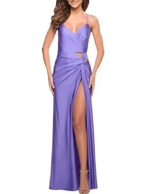 La Femme Column Gown With Cut Outs And Slit - Periwinkle