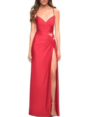 La Femme Column Gown With Cut Outs And Slit - Red