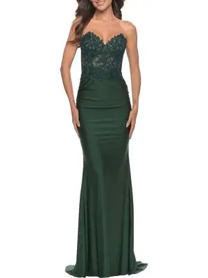 La Femme Strapless Jeweled Lace Jersey Gown - Dark Emerald