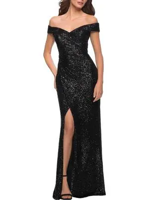 La Femme La Femme Off-the-Shoulder Sequin Gown With Slit Black