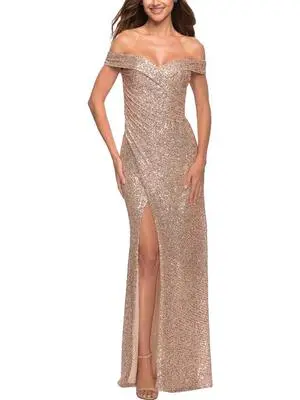 LABOMME Off-the-shoulder Sequin Gown With Slit - Rose Gold