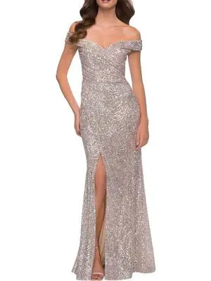 La Femme Off-the-shoulder Sequin Gown With Slit - Silver