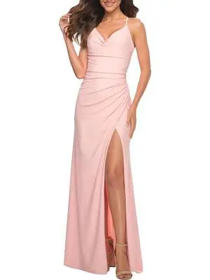 La Femme Long Dress With Ruching And Slit - Light Pink