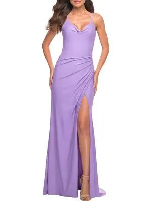 La Femme Long Dress With Ruching And Slit - Periwinkle