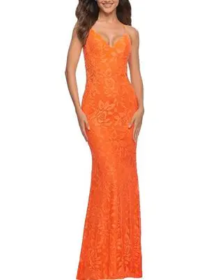 La Femme Lace Gown With Embellished Illusion - Orange