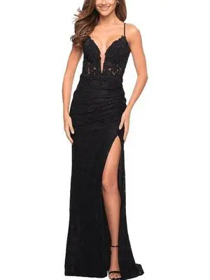 La Femme Illusion Lace Gown With Deep V Neckline - Black
