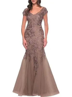 La Femme Lace And Tulle Mermaid Gown - Cocoa