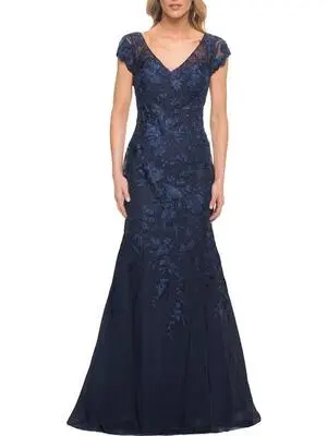 La Femme Lace And Tulle Mermaid Gown - Navy