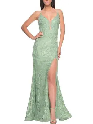 La Femme Lace Rhinestone Deep V-neck Gown - Sage