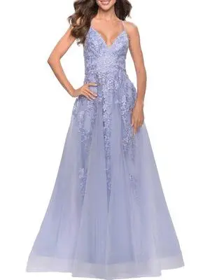 La Femme Tulle Ball Gown With Floral Detail And Slit - Light Periwinkle