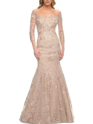 LABOMME Long Lace Mermaid Gown - Champagne