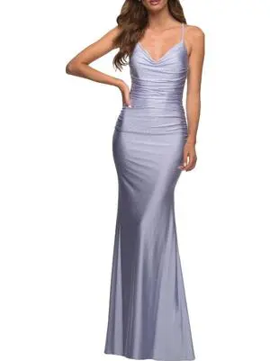 La Femme Sparkle Rhinestone Jersey Gown - Light Periwinkle