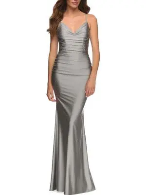 La Femme La Femme Sparkle Rhinestone Jersey Gown Silver