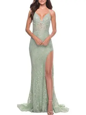 La Femme Rhinestone Embellished Lace Gown With Slit - Sage