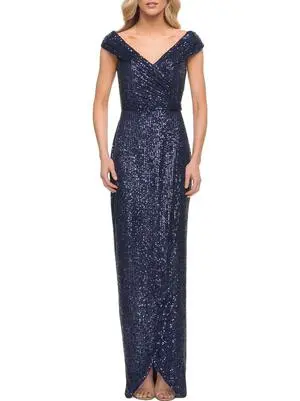 La Femme Sequin Evening Gown - Navy
